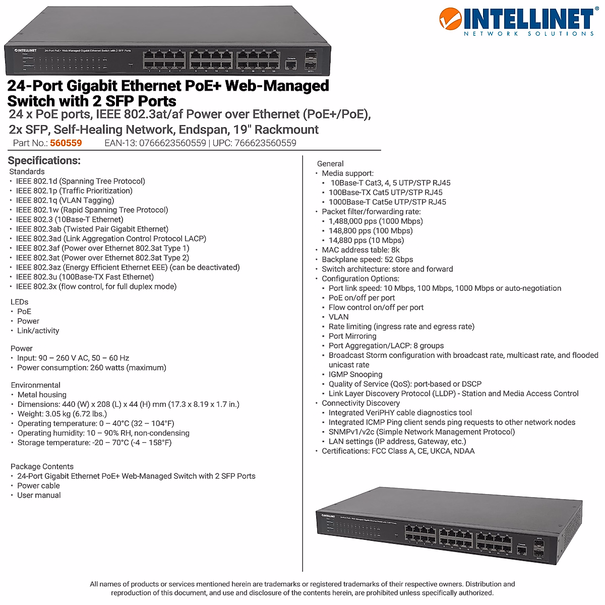 Intellinet 24 Port PoE Web Managed Gigabit Ethernet Switch with 2 SFP Ports - 240W Power Budget, Self Healing Network, SNMP Management, Endspan, 19" Rackmount - 3 Yr Mfg Warranty - 560559