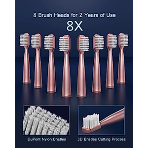 Sonic Electric Toothbrush for Adults, USB Rechargeable Sonic Toothbrush with 8 Brush Heads, Smart Timer, 5 Modes, 2-Hour Fast Charge Last 30 Days, Pink