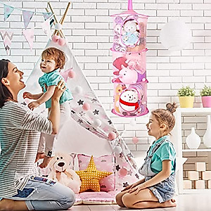 Fuyamp 2Pcs Stuffed Animal Storage Hanging Mesh Stuffed Animal Net or Hammock Foldable Stuffed Animal Organizer Net or Hammock 3 Compartments Toy Storage Basket for Kids Girls Room Bathroom (Pink)