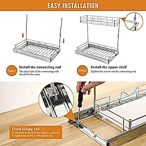 TQVAI Pull Out Cabinet Drawer Organizer, 2 Tier Kitchen Cabinet Roll Out Storage Shelves, Slide Wire Shelf Basket - Request at Least 12 inch Cabinet Opening, Half Top
