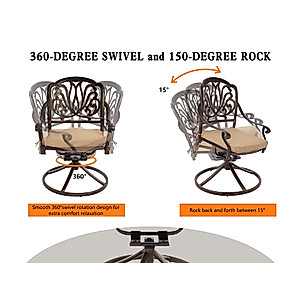 Grepatio 7 Piece Patio Dining Set Outdoor Dining Set Cast Aluminum Furniture Set with 6 Dining Swivel Chairs with 6 Cushions and Dining Table for Backyard Garden Deck Poolside (Khaki)