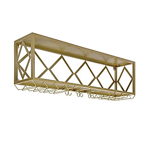 LiFuJunDong Wall-Mounted Bar Unit Floating Shelves Multifunctional Iron Bottle Holder Hanging Wine Rack with Partitions Inverted Wine Glass Rack for Bar Cafe Kitchen (Gold)