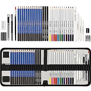 KALOUR Sketching Coloring Art Set - 38 Pieces Drawing Kit with Sketch Pencils,Watercolor Pencils,Charcoal,Brush,Eraser -Portable Zippered Travel Case - Art Supplies for Artists Beginners Adults Kids