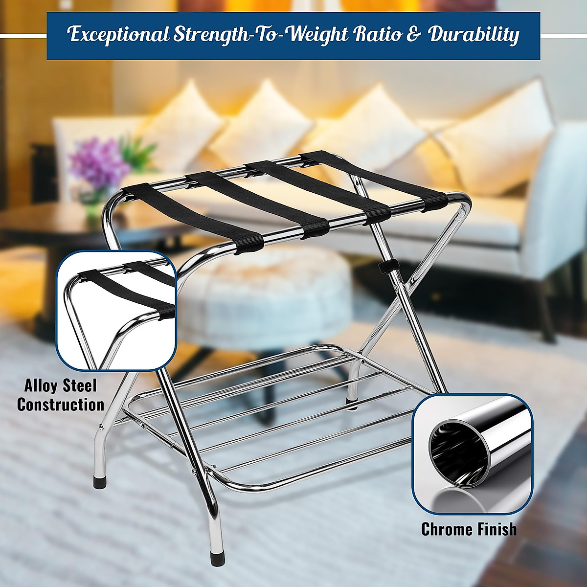 USTECH Luggage Rack-Double Tier, Chrome, Self Asssembly, Foldable Rack for Guest Room