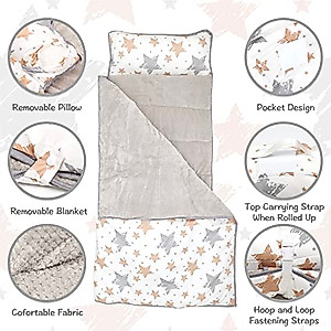 Dad-Baby Toddler Sleeping Bag,Toddler Nap Mat with Removable Blanket and Pillow,Extra Large Rolled Napping Mats,Kids Sleeping Bag for Daycare, Preschool Travel Camping (Stars Pattern)