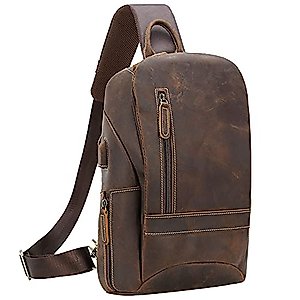 TIDING Vintage Full Grain Leather Sling Bag Travel Hiking Crossbody Chest Daypack For Men