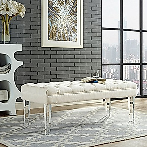 Modway Valet Tufted Button Performance Velvet Upholstered Bedroom Or Entryway Bench with Acrylic Legs in Ivory