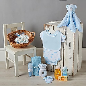 Basket for Boy - 18 Baby Boy Essentials, Blue Baby Gift Sets for Newborn, New Baby Boy Gift Basket, Maternity Welcome Baby Boy Gift