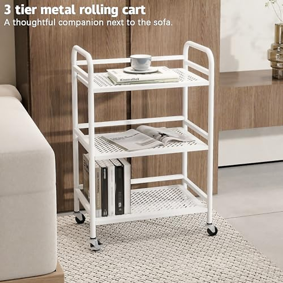 HDANI 3 Tier Rolling Cart,Heavy Duty Multifunctional Metal Frame-Supports 22 Lbs Per Tier,Rolling Cart with 2 Lockable Wheels for Office,Home,Bedroom,Kitchen,Bathroom (White)…
