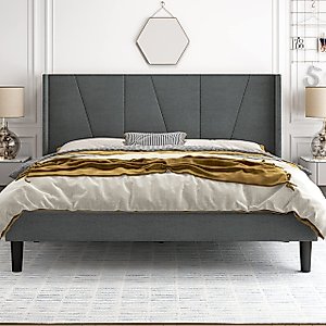 HOOMIC King Size Platform Bed Frame with Geometric Wingback Headboard, Wooden Slats Support, No Box Spring Needed, Modern Style in Dark Grey