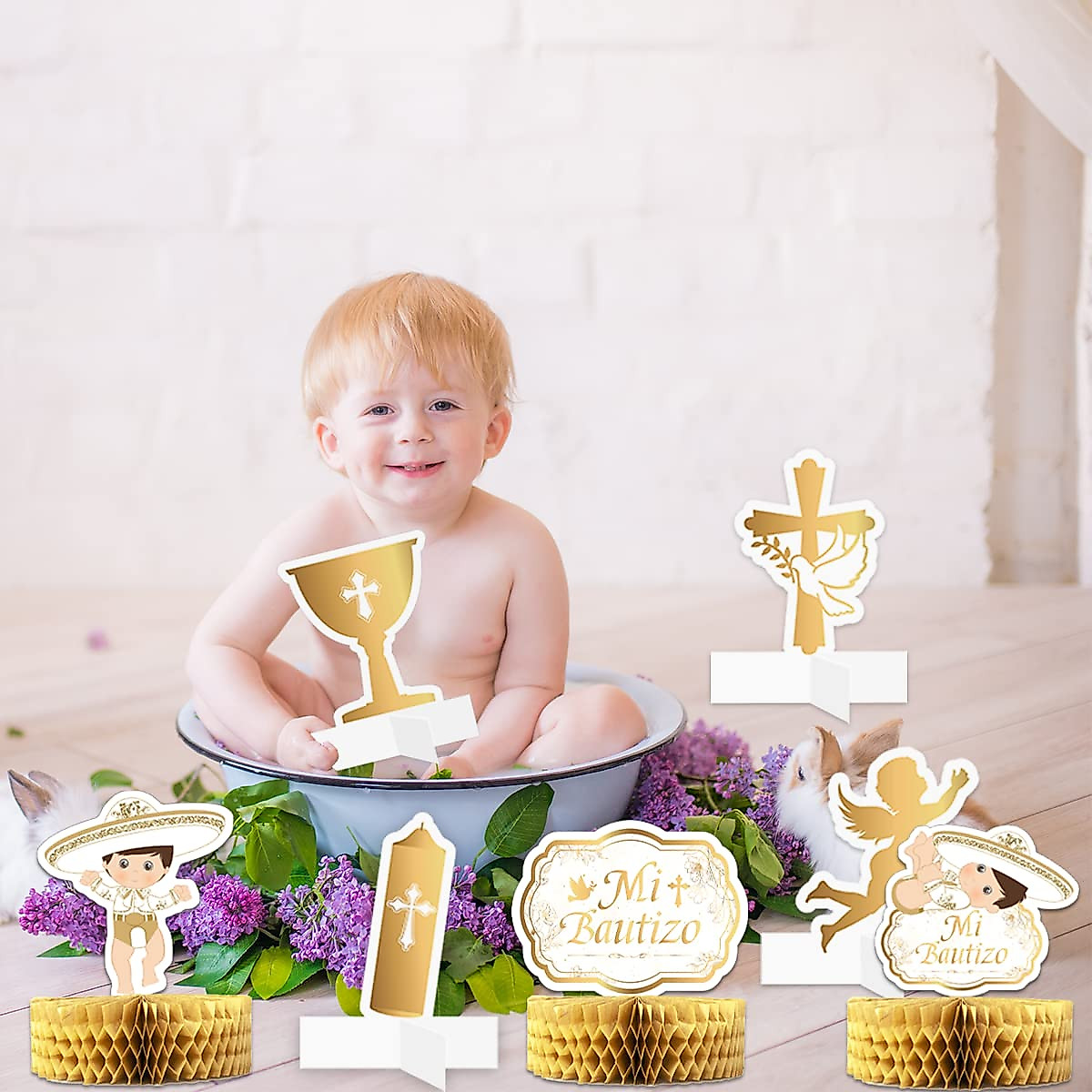 Mi Bautizo Decorations-First Communion Honeycomb Centerpieces Double Sided Table Toppers for Boy Baptism Party Decor Christening 3D Table Toppers God Bless First Communion