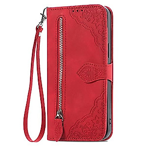 ONV Wallet Case for Oppo A92 / Oppo A72 / Oppo A52 - with Zipper Wrist Strap Emboss Flower Flip Phone Case Card Slot Magnet Leather Shell Flip Stand Cover for Oppo A92 / Oppo A72 / Oppo A52[SZY] -Red