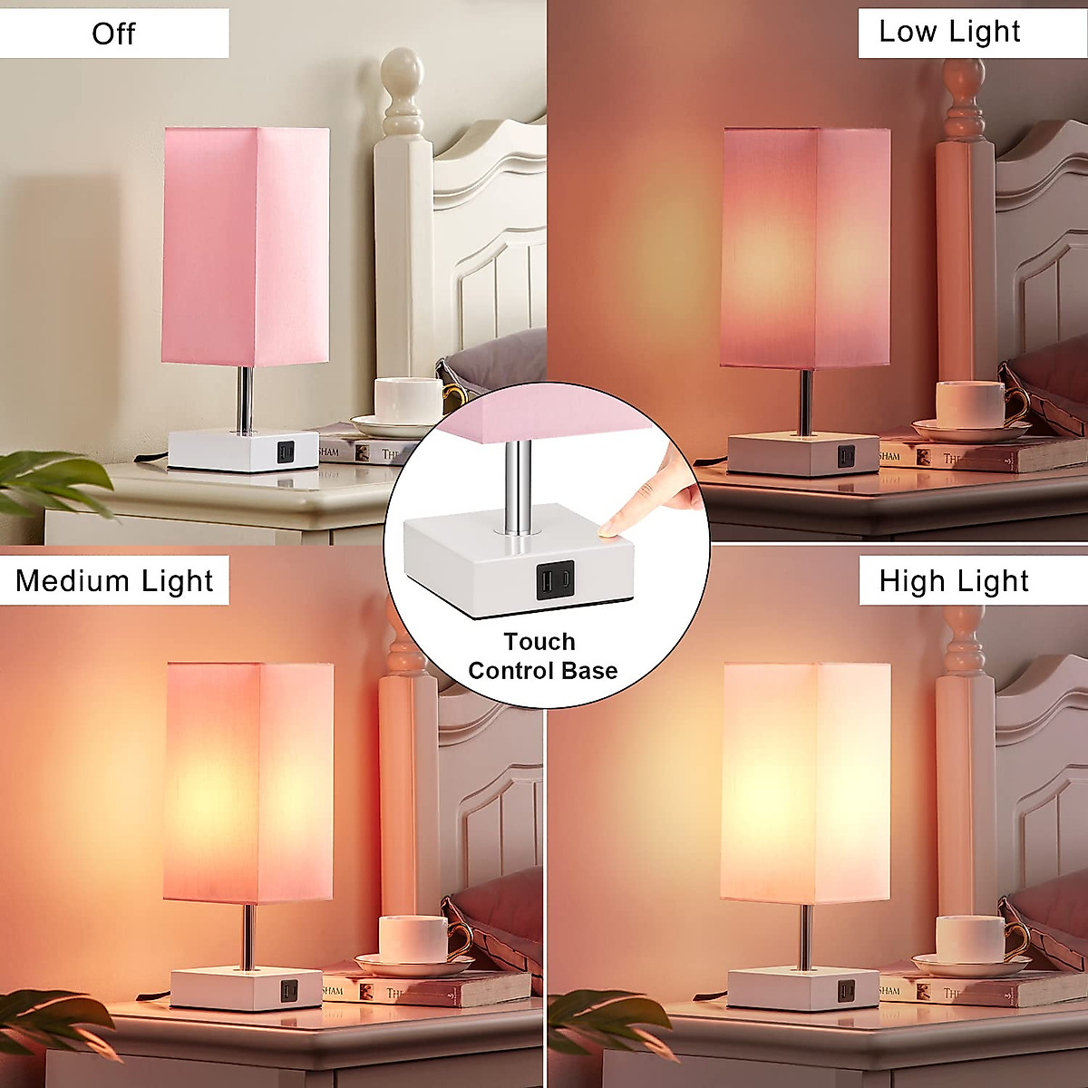 Ambimall Touch Control Table Lamp with 2 USB Charging Ports, 3 Way Touch Lamps Beside Desk, Nightstand Lamp for Bedrooms Living Room, Pink Shade with White Base, LED Bulb Included(Pink)