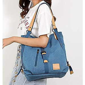 Jiamusi Women Purse Handbag Canvas Tote Bag Casual Shoulder Bag School Bag Large Capacity Canvas Backpack (Blue)