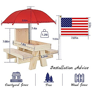 Squirrel Feeder, MEIXINZHI Wooden Squirrel Feeders for Outside with Umbrella, Flag, Corn Cob Holder, Solid Structure; Squirrel Picnic Table Feeder are a Gift for Squirrel and Chipmunk Lovers