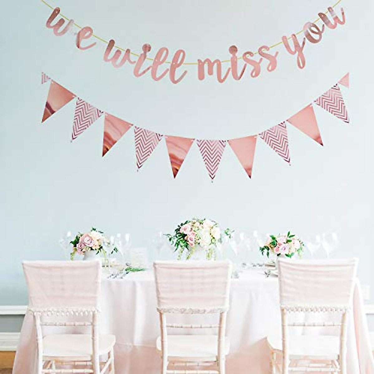 Mannli Elicola We Will Miss You Banner Rose Gold Glitter Banner Bunting Photo Props Backdrop for Retirement Farewell Going Away MISSU-WG 0