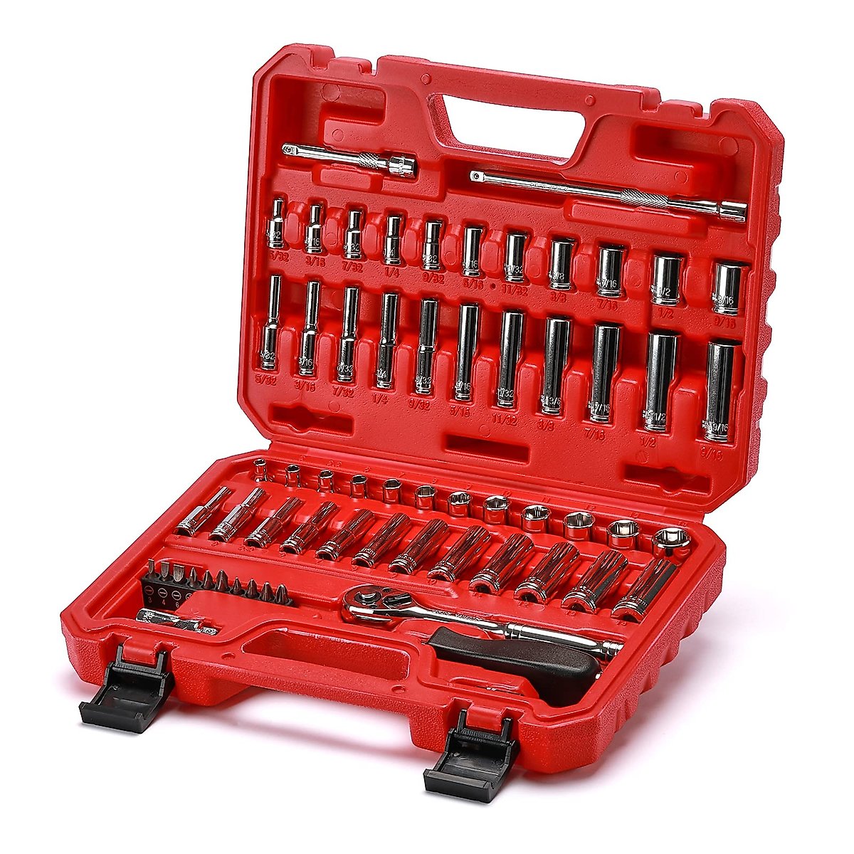 EMENTOL 62PCS 1/4" Drive Master Socket Set with Ratchets, CR-V, SAE/Metric Socket Set, Ratchet Handle, Coupler, Spinner Handle, Impact Extension Bars, Bits Set, Universal Joint