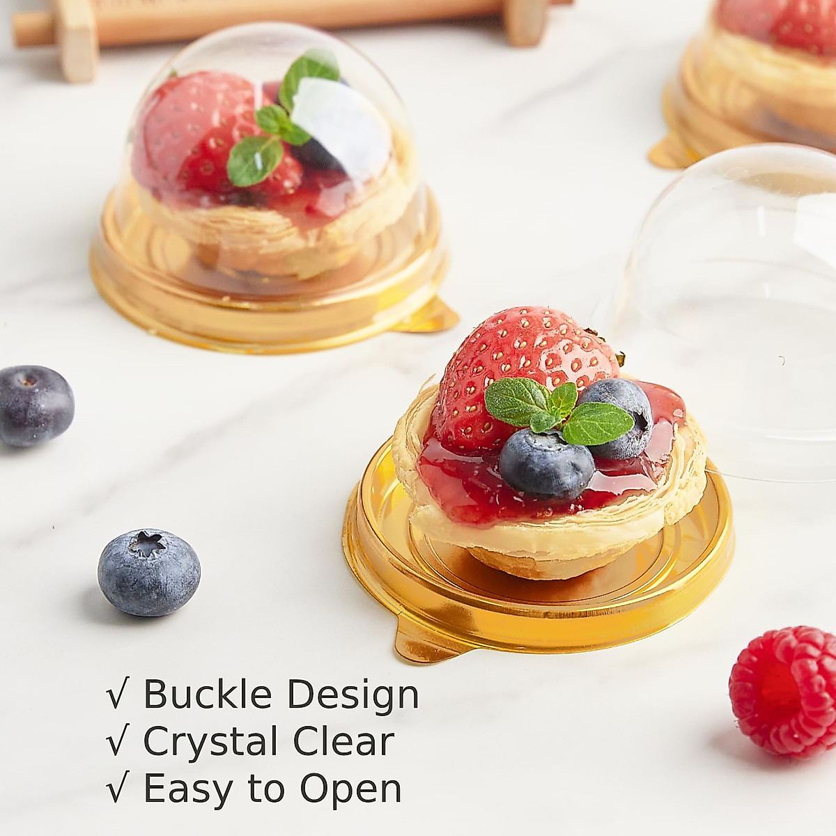 50 Pack Mini Bundt Cake Containers Clear Plastic Cupcake Box with Dome Lids for Chocolate Covered Cookies, Muffin, Cheesecake, Mooncake and Other Mini Desserts (Gold Base)