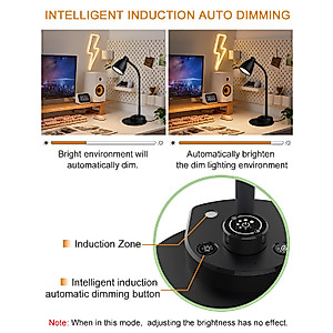 BOHON LED Desk Lamp with USB Charging Port 3 Color Modes Dimmable Reading Light Intelligent Induction Auto Dimming Task Lamp Flexible Gooseneck Table Lamp for Bedside Office, AC Adapter Include