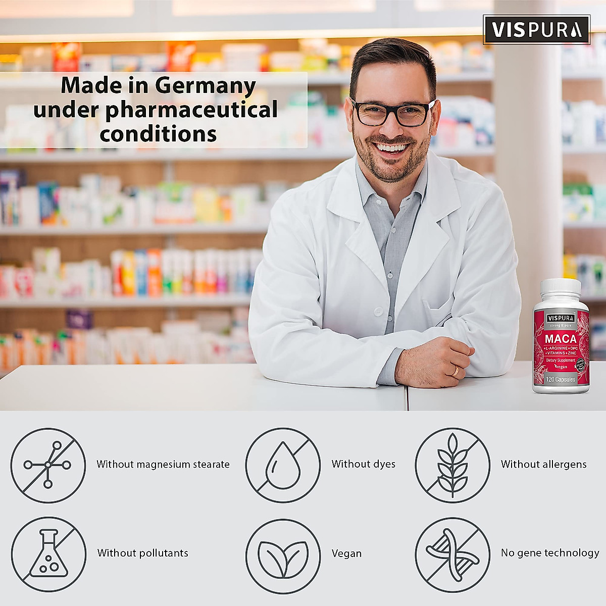 VISPURA Maca Root Capsules 5000 mg + L-Arginine, Vitamins B6 + B12, OPC and Zinc, Energy Boosting Formula* for Men and Women, 120 Vegan Tablets with Organic Maca Peruana Extract