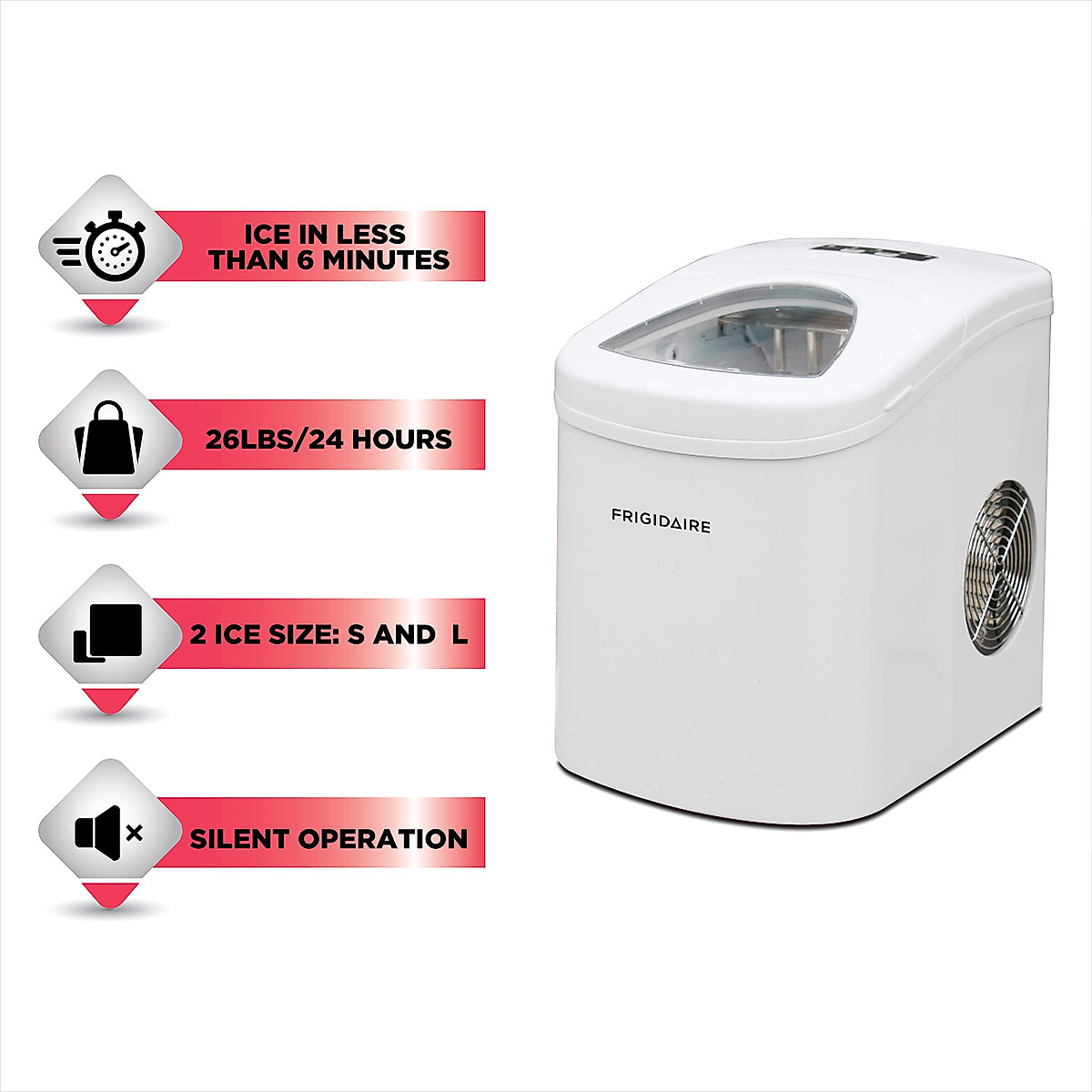 Frigidaire Portable Countertop EFIC108-WHITE Maker, Freestanding, 26LB ice per Day, White