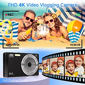 Digital Camera for Teens, FHD 4K 44MP Digital Camera with 64GB SD Card 16X Digital Zoom, Digital Camera Compact Point and Shoot Camera for Teens Boys Kids Camera Digital Black(Black)