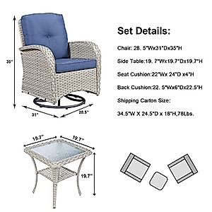 Belord Patio Swviel Glider Chairs Outdoor Swivel Rocker, Small Patio Bistro Set 3 Pieces Wicker Patio Furniture Sets, Swivel Patio Chairs Set of 2 with Tempered Glass Side Table, Blue Cushion