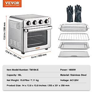 VEVOR 7-IN-1 Air Fryer Toaster Oven, 18L Convection Oven, 1800W Stainless Steel Toaster Ovens Countertop Combo with Grill, Pizza Pan, Gloves, 6 Slices Toast, 10-inch Pizza, Home and Commercial Use