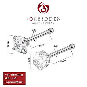 Forbidden Body Jewelry Set of 2 Straight Nose Studs: 20g Surgical Steel Round & Heart Shaped Clear CZ Crystal Nose Rings