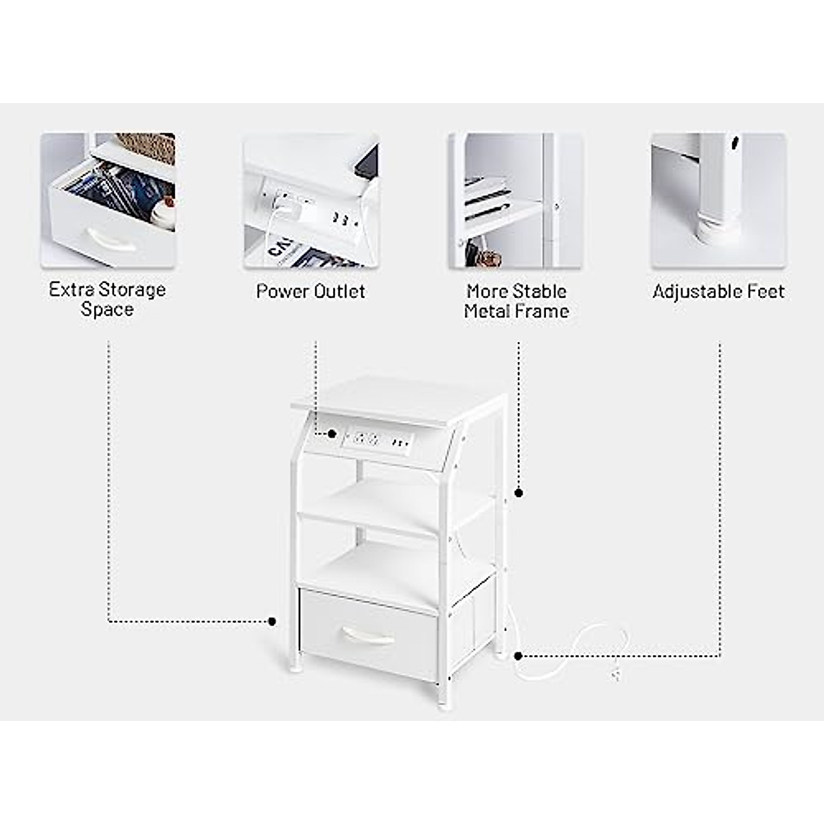 Labcosi White Nightstands with Fabric Drawer, 25" Tall Bedside Table with Charging Station, Bedroom End Tables and Dresser, 2 Pack