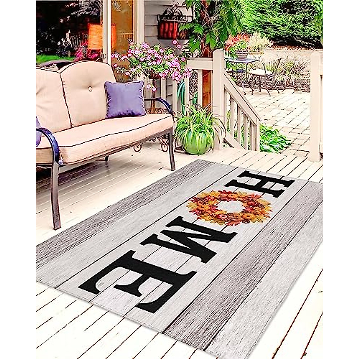Outdoor Area Rug for Patio,Fall Thanksgiving Home Word Maple Leaf Wreath Camping Rugs Indoor Large Floor Mat 4x6ft,Sunflower Retro Wood Grain Outside Carpet for Deck RV Picnic Porch Backyard Bedroom