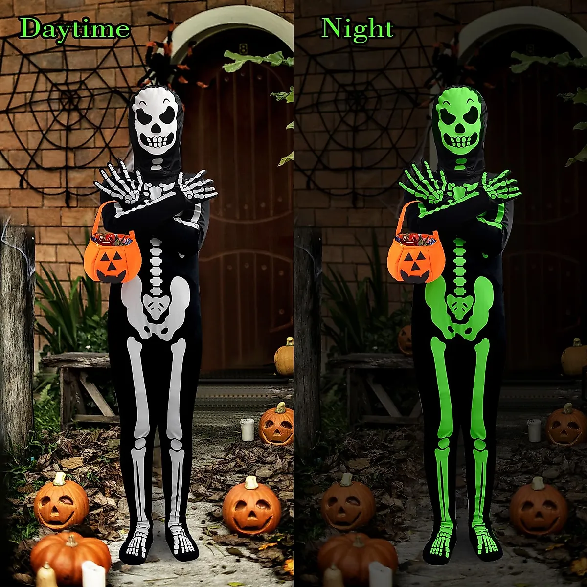 FAYBOX Skeleton Costume Glow in The Dark for Kids Toddler, Halloween Fortnite Onesie for Boy Girls with Pumpkin Candy Bag(10-12)