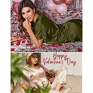 Ekouaer Women Satin Sleepwear Slip 2 Piece Pajamas Silk Pjs Short Sleeve Top and Loose Shorts Outfits Set Army Green XL