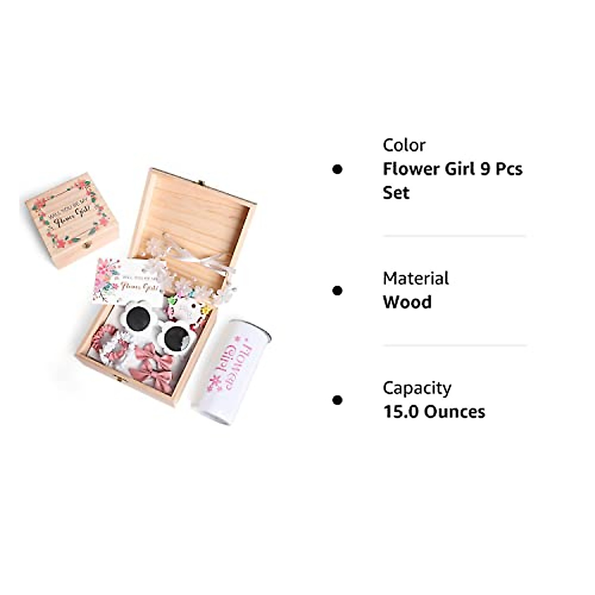 9 Pcs Flower Girl Gifts Set, Flower Girl Proposal Gifts Box, Will You Be My Flower Girl for Wedding, Flower Girl Sunglasses Hair Accessory Hairpins Hair Ring Tumbler Cup Wedding Gift Set Wooden Box