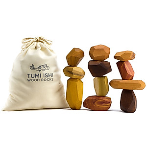 Tumi Ishi 11 Piece Natural Wooden Balancing Block Set - Sensory Educational Natural Wood Toy Stacking Game - Mixed Wood Species - USA Made - Jojoba Oil and Beeswax Finish - Wood Stone Building Blocks