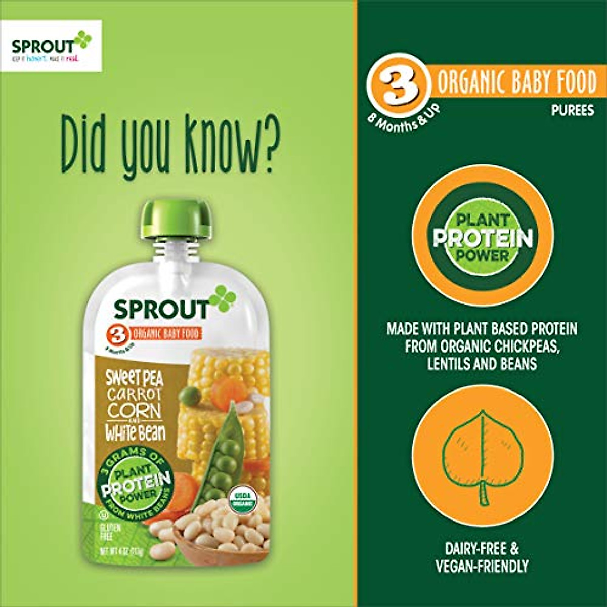 Sprout Organic Baby Food, Stage 3 Pouches, Sweet Pea & White Bean Plant Powered Protein, 4 Oz Purees (Pack of 6)