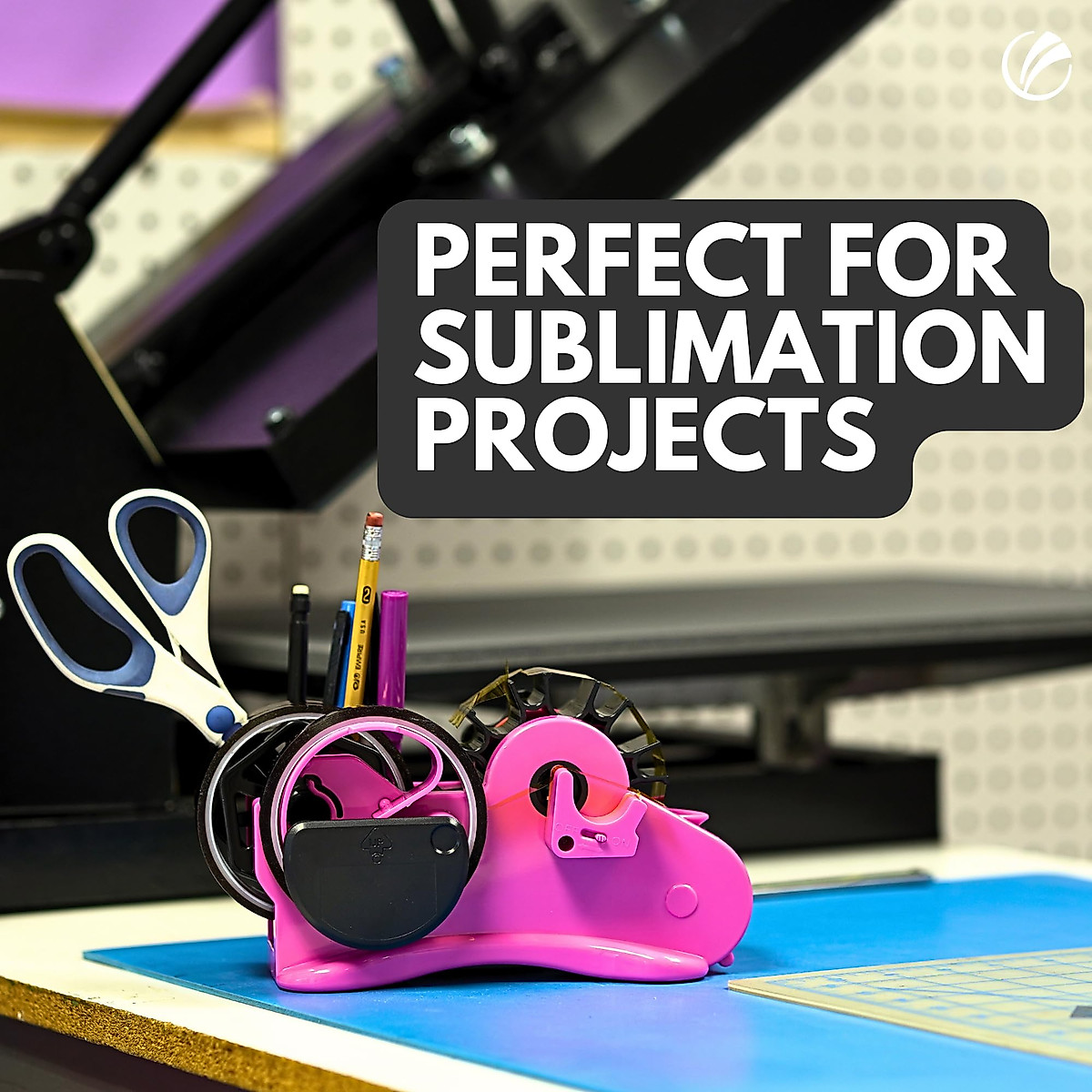 Echomerx Multi-Roll Heat Tape Dispenser Sublimation - Best Cut Heat Resistant Thermal Tape for Sublimation Transfer, Pen Holder, 1 and 3 inch Core, Optional Heat Press Tape Pack, Pink