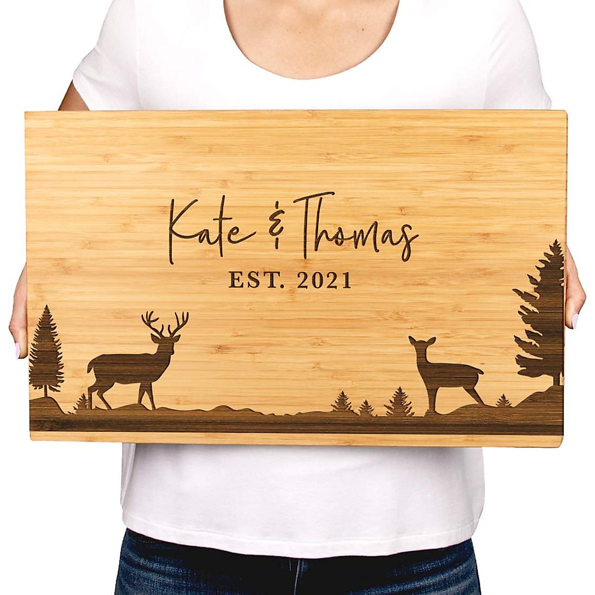 Andaz Press Personalized Large Bamboo Wood Cutting Board Gift, 17.75 x 11-inch, James & Emma, Est. 2024, Rustic Deer Forest, 1-Pack, Custom Engraved Serving Chopping Board Christmas