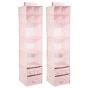 mDesign Fabric Hanging Organizer - Over Closet Rod Storage, 7 Shelves/3 Removable Drawers for Baby Nursery Bedroom Organization - Hold Clothes, Linens, Toys, Accessories, 2 Pack, Pink/White Polka Dot