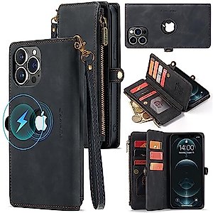CaseMe Logo View for iPhone 13 Pro Max Magsafe Wallet Case Credit Card Holder,PU Leather Flip Lanyard Strap Wristlet Zipper Wireless Charging Women Men for iPhone 13 Pro Max Phone case(Black)