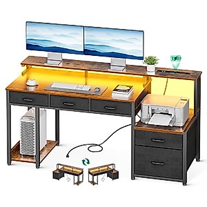 AODK 55 Inch Computer Desk with 3 Drawers and File Cabinet for Storage, Office Desk with Monitor Stand and LED Lights, Home Office Desks, Vintage