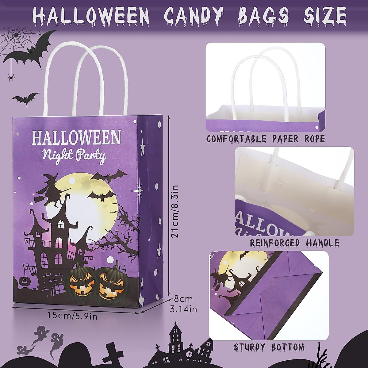 Qilery 48 Pieces Halloween Treat Bags with Handles Kraft Paper Halloween Candy Bags for Kid Goodie Snack Trick or Treating Party Bulk Supplies, 8 Patterns