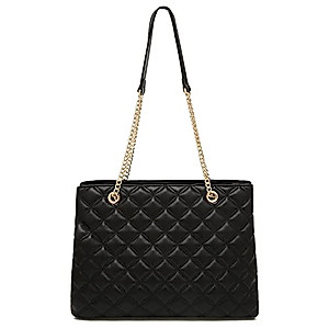FOXLOVER Tote Handbags for Women, PU Leather Ladies Quilted Tote Bag Purses and Handbags with Chain Strap Women's Large Handbag (Black)