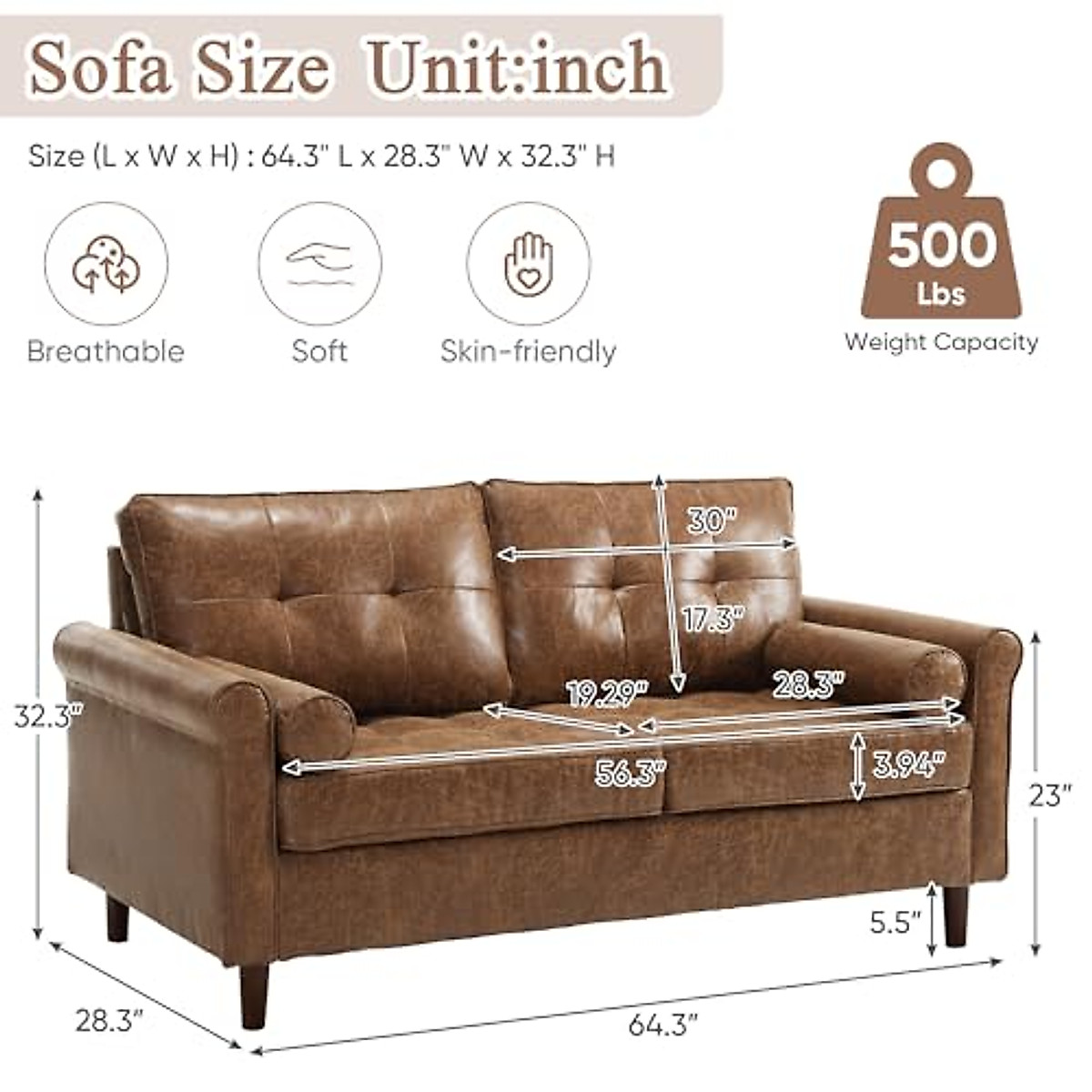 JEEOHEY Small Couch, 64 Inch Mid-Century Modern Faux Leather Upholstered Loveseat Sofa Furniture for Small Space, Living Room, Bedroom, 2 Throw Pillows, Rolled Arm, Comfy Seat & Back Cushion, Brown