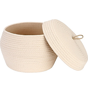 Sea Team Round Cotton Rope Storage Basket with Lid, Decorative Woven Storage Bin, Pot, Caddy, Organizer, Container for Snacks, Towels, Plants, 13 x 9 Inches (Large, Cream)