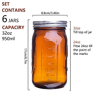eleganttime Amber Glass Mason Jars 32 oz Wide Mouth with Airtight Lids and Bands 6 Pack Large Glass Canning Mason Jars Quart,Great for Canning Jar Pickle Fermenting Jam Jar