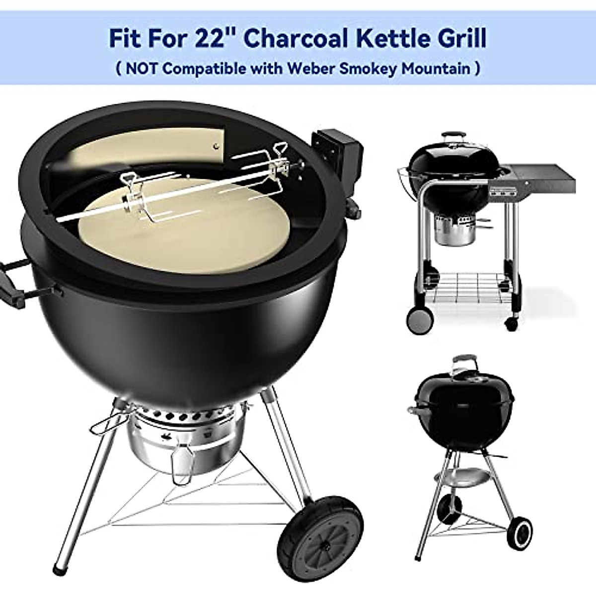 Skyflame 2 in 1 Black Coated Steel Rotisserie Kit with Pizza Ring Compatible with 22 1/2" Weber Kettle Grills - Including Roticery Motor, Spit Rod, Pizza Stone, Pizza Ring