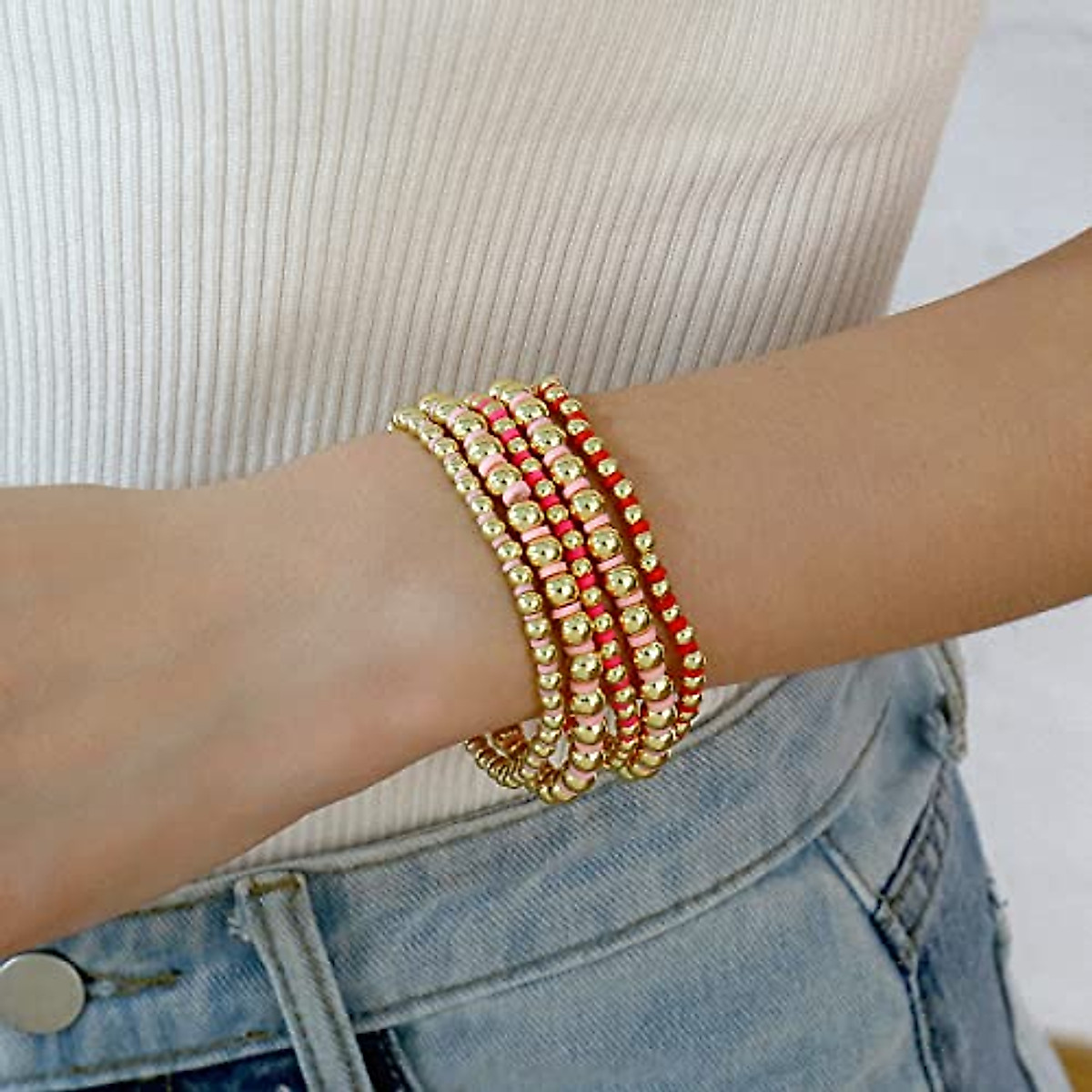 CONRAN KREMIX Gold Beaded Bracelets 14K Gold Plated Bead And Pink Heishi Clay Bead Stackable Stretch Bracelet Set Gold Jewelry For Women