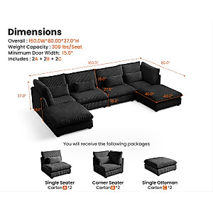 Cloud Oversized Modular Sofa, 160" Corduroy Wide Seat Sectional with Reversible Chaise, Shaped Couches Modern Comfy Fluffy Cushion Sleeper Sofa Bed with Convertible Ottoman for Living Room 6 Seater