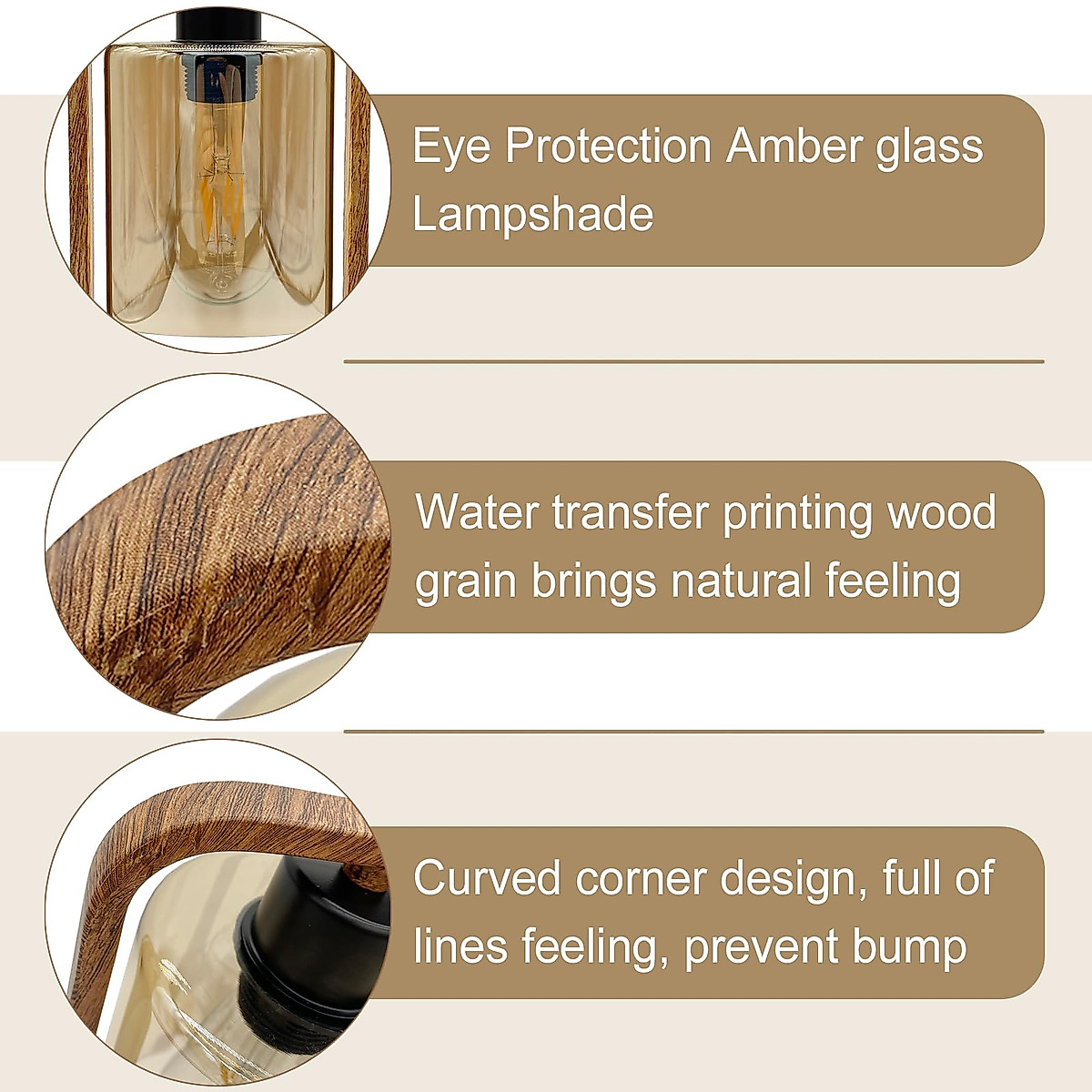 Wireless Charging Touch Lamps for Nightstand Set of 2 - Industrial Table Lamps for Bedrooms 3-Way Dimmable Bedside Lamps with USB, Wood Grain Desk Lamps with Amber Glass Shade for Home, Bulbs Included